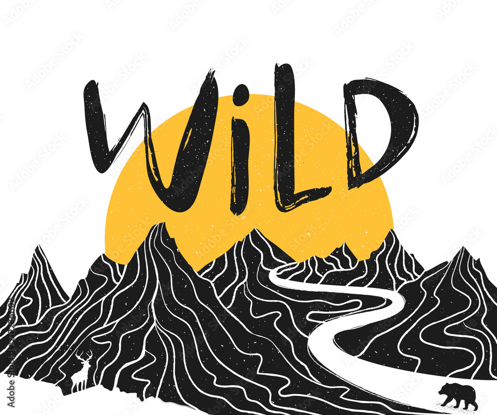Vector poster with mountain landscape, deer, bear and lettering word ...