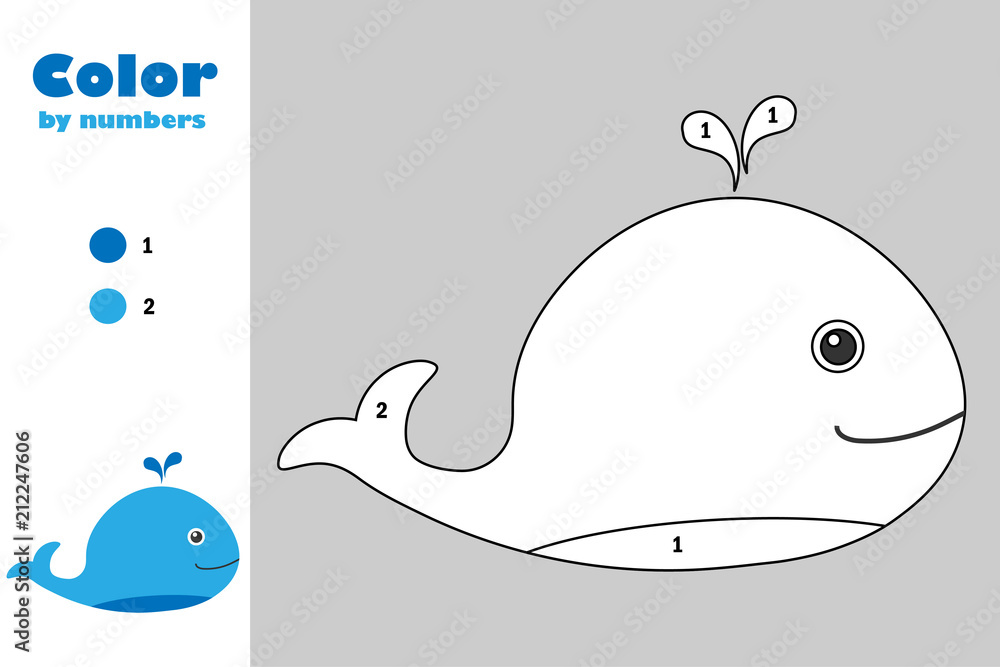 Whale in cartoon style, color by number, education paper game for the ...