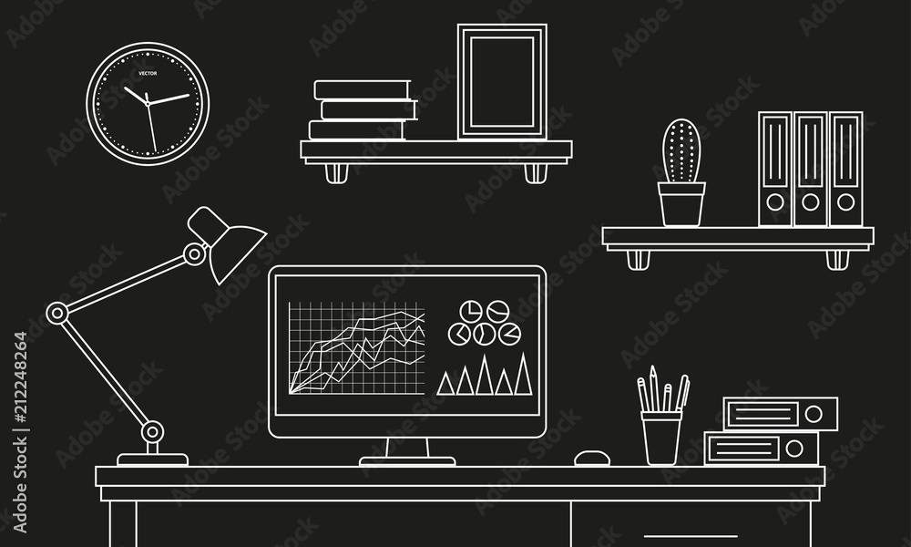Office desk or table with computer outline sketch. Line style business ...