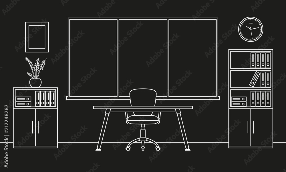 Office interior outline sketch. Modern business workspace with office ...
