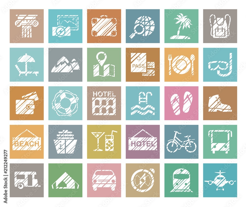 Travel, vacation, tourism, vacation, icons, pencil shading, vector ...