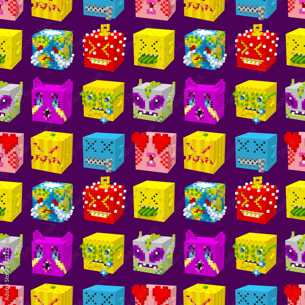 A set of different funny emoticons smiles. 3d emoji ,cubes, pixel art ...