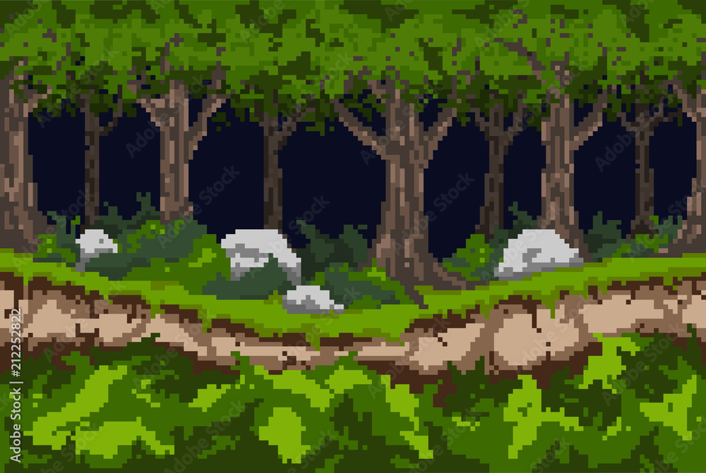 Pixel background with a dark forest, a path along the ravine and ...