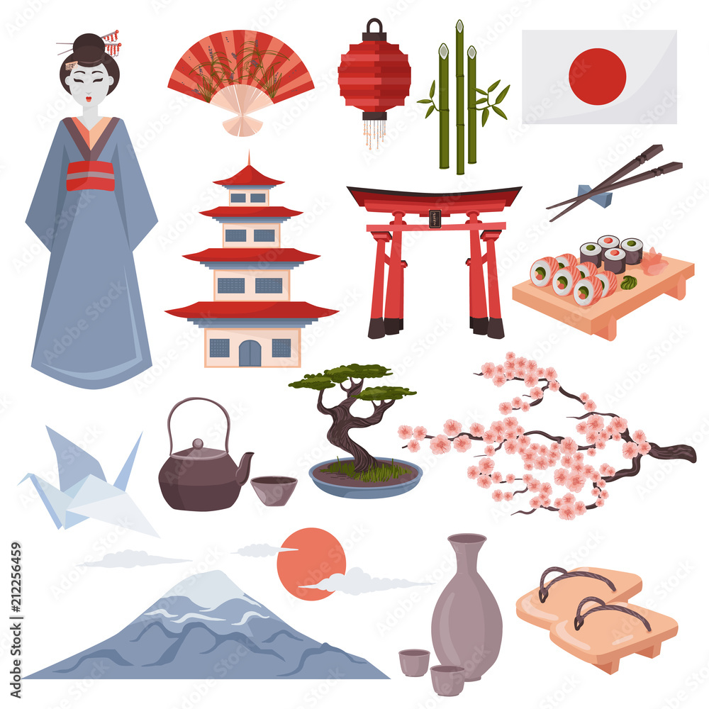 Japanese symbols vector illustration. Colorful set of Japan culture ...
