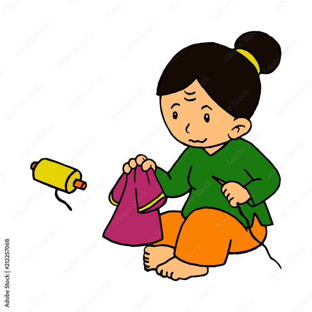 Mother sew clothes cartoon illustration isolated on white background ...