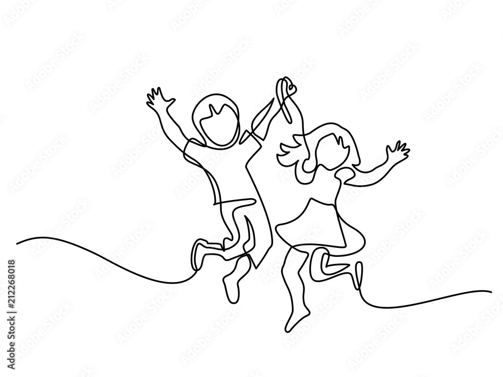 Happy jumping children holding hands. Continuous line drawing. Vector ...