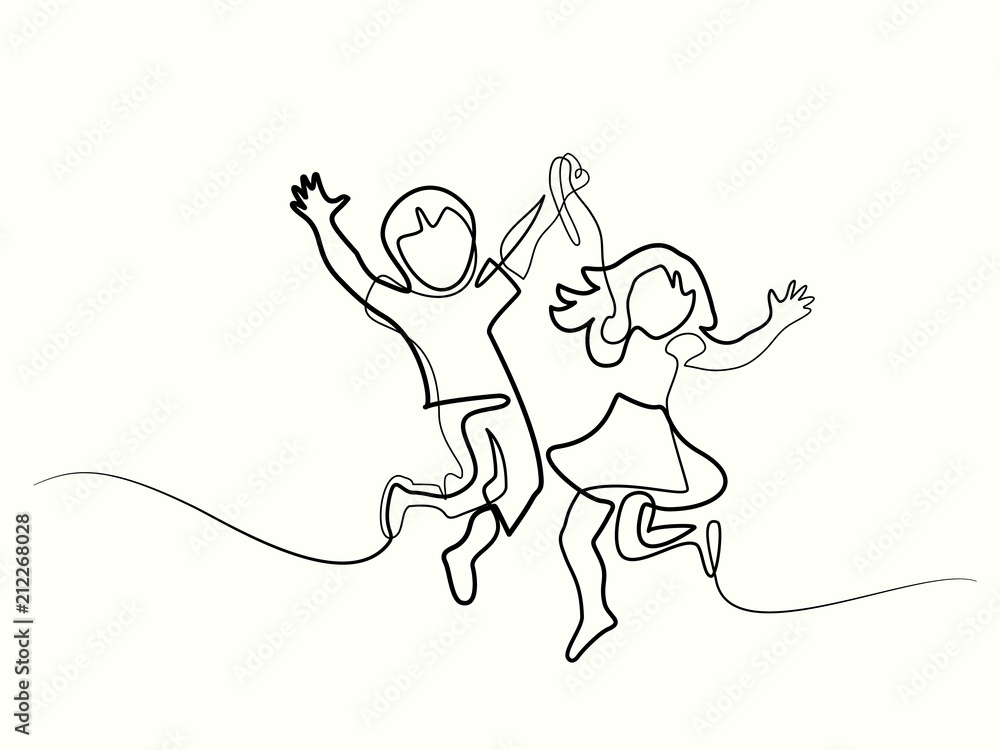 Happy jumping children holding hands. Continuous line drawing. Vector ...