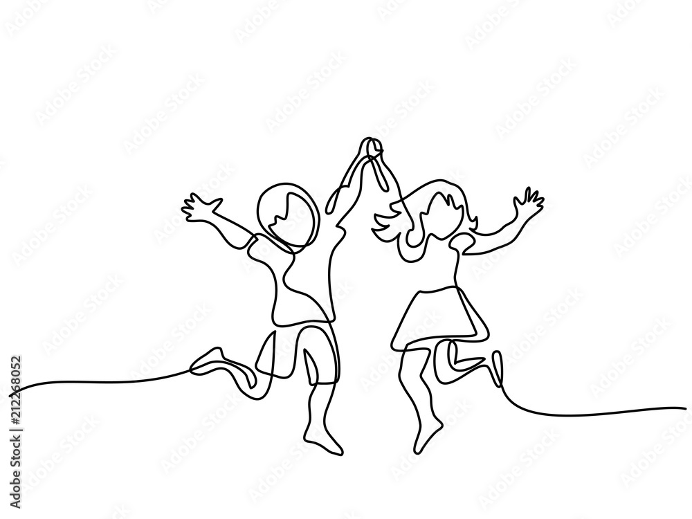 Happy jumping children holding hands. Continuous line drawing. Vector ...