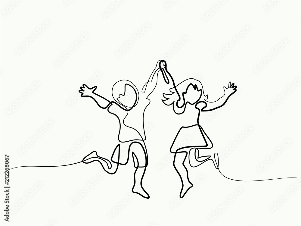 Happy jumping children holding hands. Continuous line drawing. Vector ...
