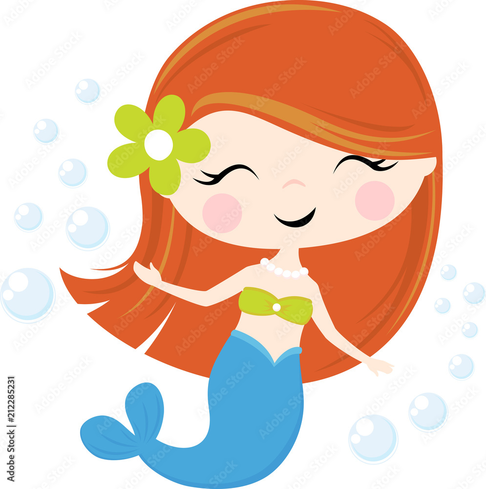 cute little redhead mermaid illustration isolated on white, design for ...