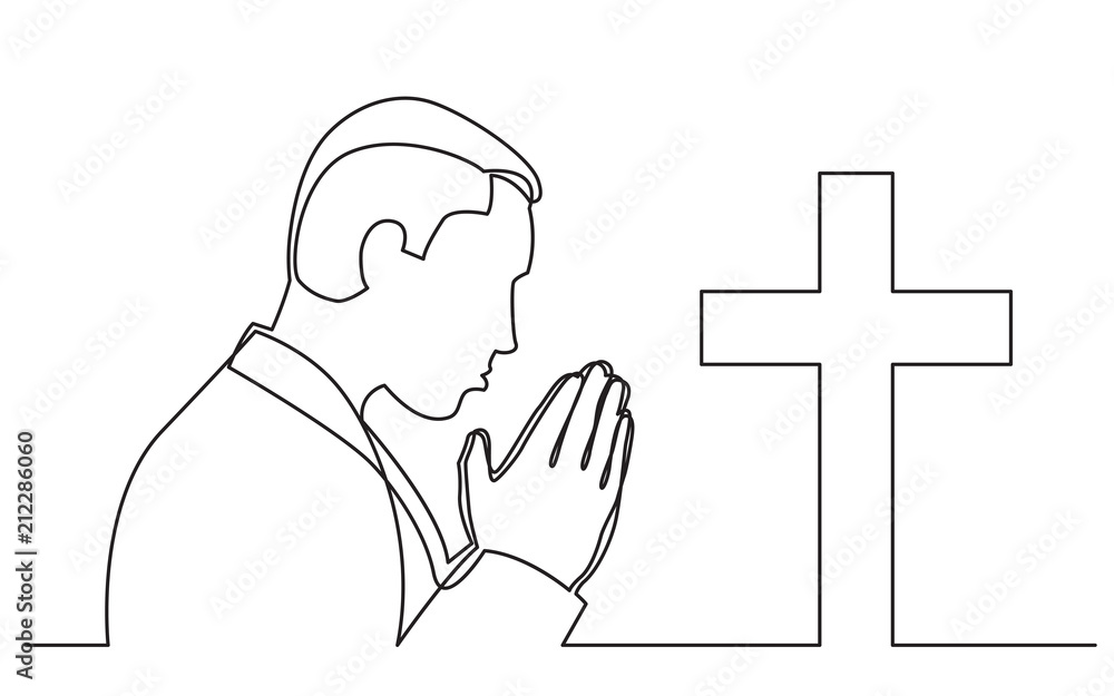continuous line drawing of praying man with christian cross Stock ...