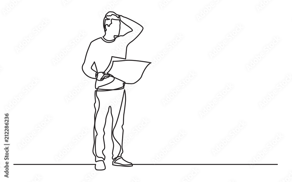 continuous line drawing of standing man with map feeling lost Stock ...