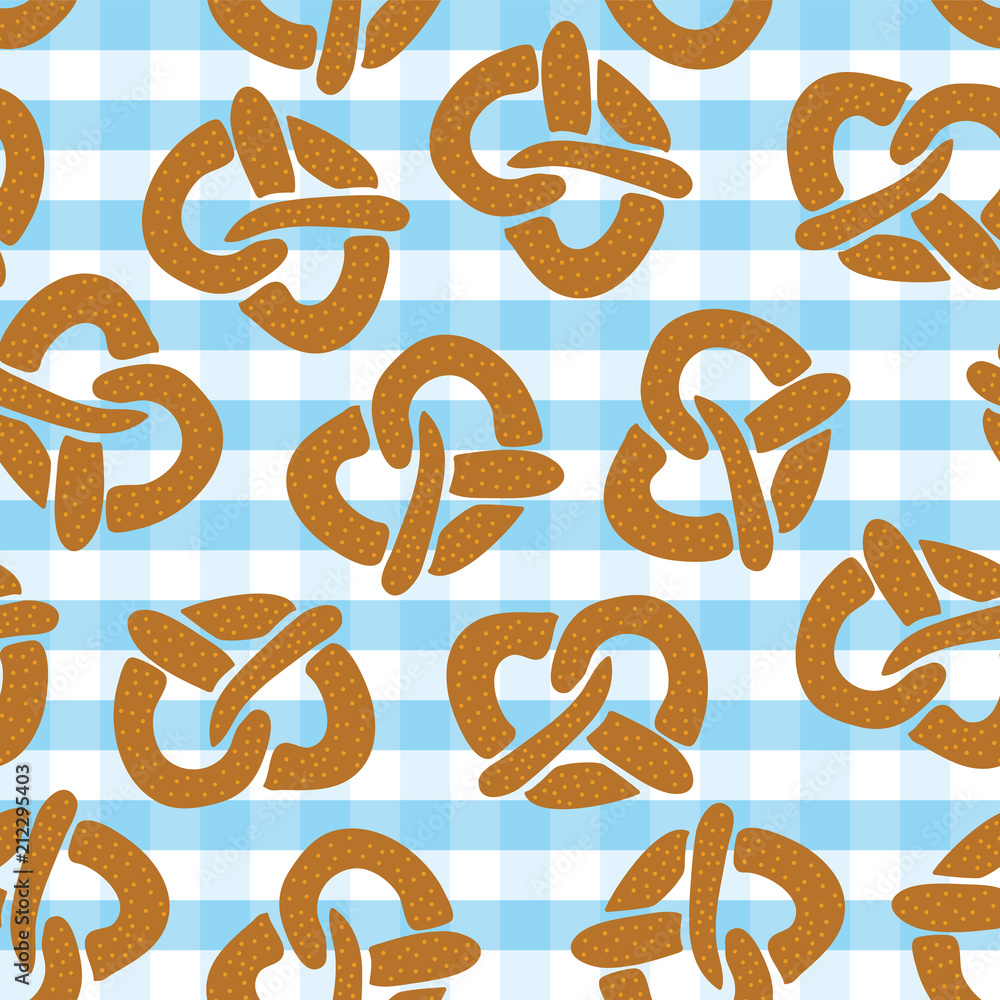 Pretzel seamless pattern for Oktoberfest on a blue and white plaid ...