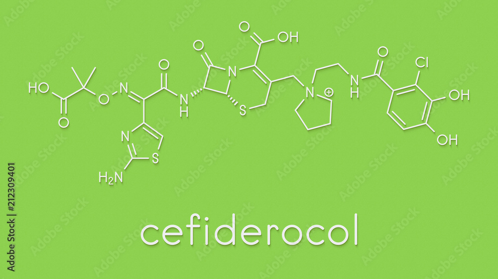 Cefiderocol antibiotic drug molecule (cephalosporin class). Skeletal ...