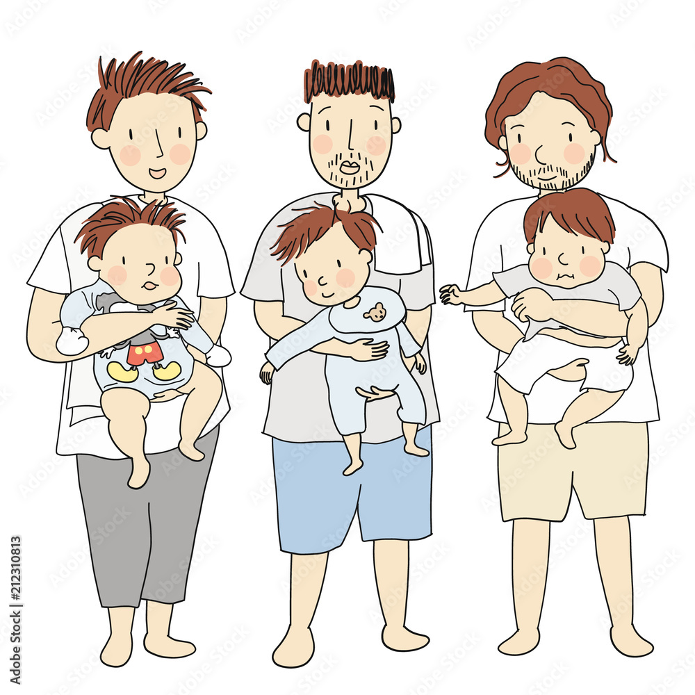 Vector illustration of three fathers holding little kids together ...