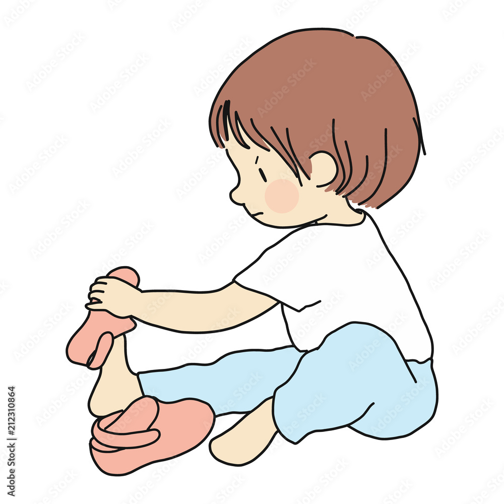 Vector illustration of little toddler sitting on floor and trying to ...