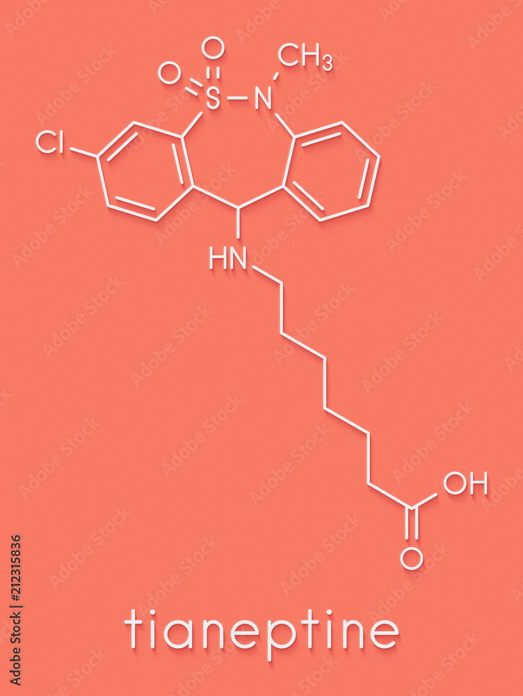 Tianeptine antidepressant drug molecule. Skeletal formula. ilustração ...