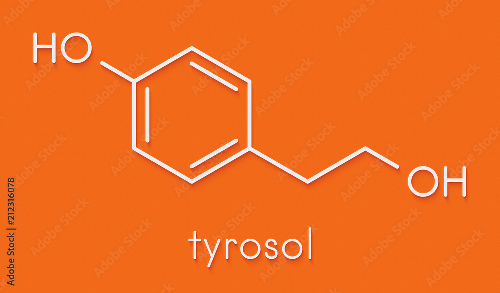 Tyrosol molecule. Antioxidant found in olive oil. Skeletal formula ...