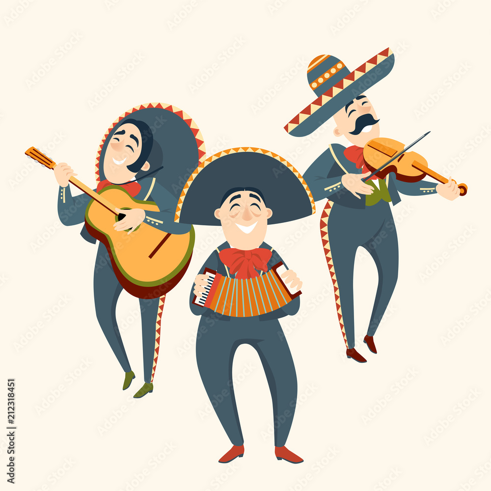 Mariachi band plays plays musical instruments. Mexican party. Set of ...