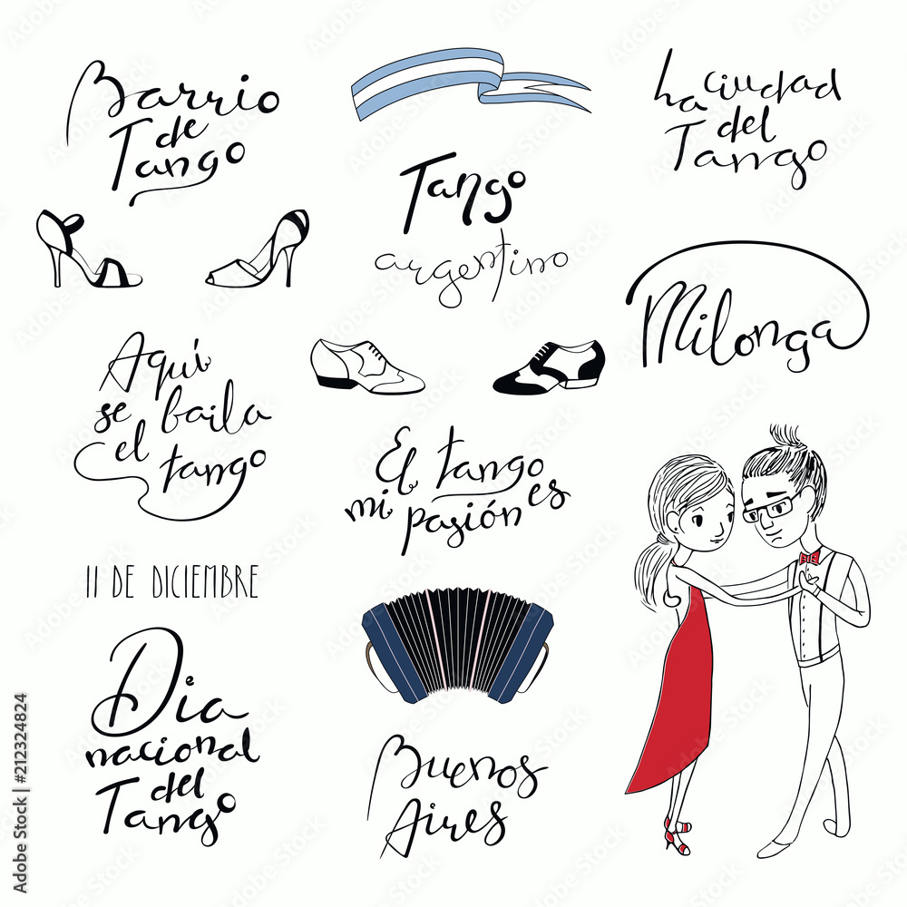 Set of hand written tango quotes, design elements, tr. from Spanish ...