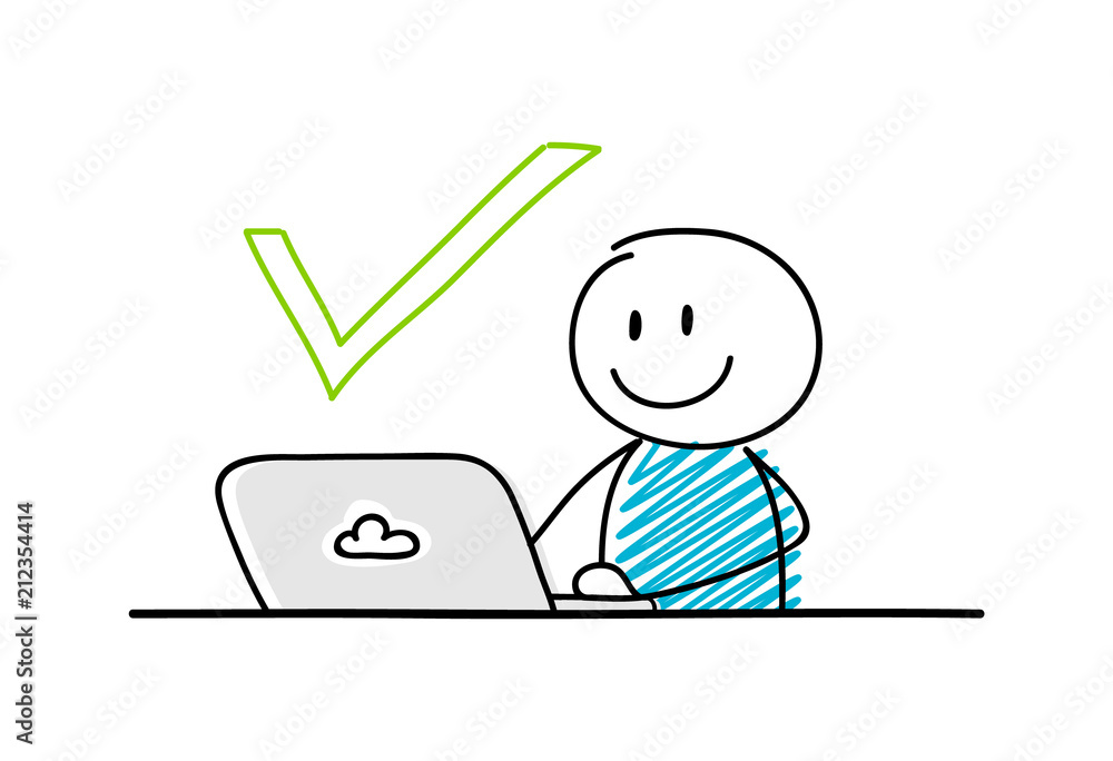 Funny stickman working on laptop - concept with check mark icon. Vector ...