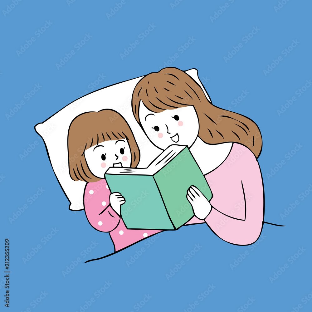 Cartoon cute mom and baby reading book on bed vector. Stock Vector ...