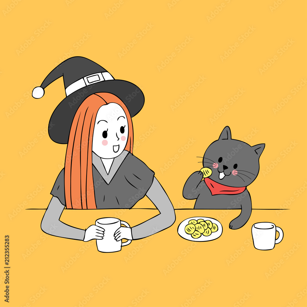 Cartoon cute witch and black cat enjoy eating vector. Stock Vector ...