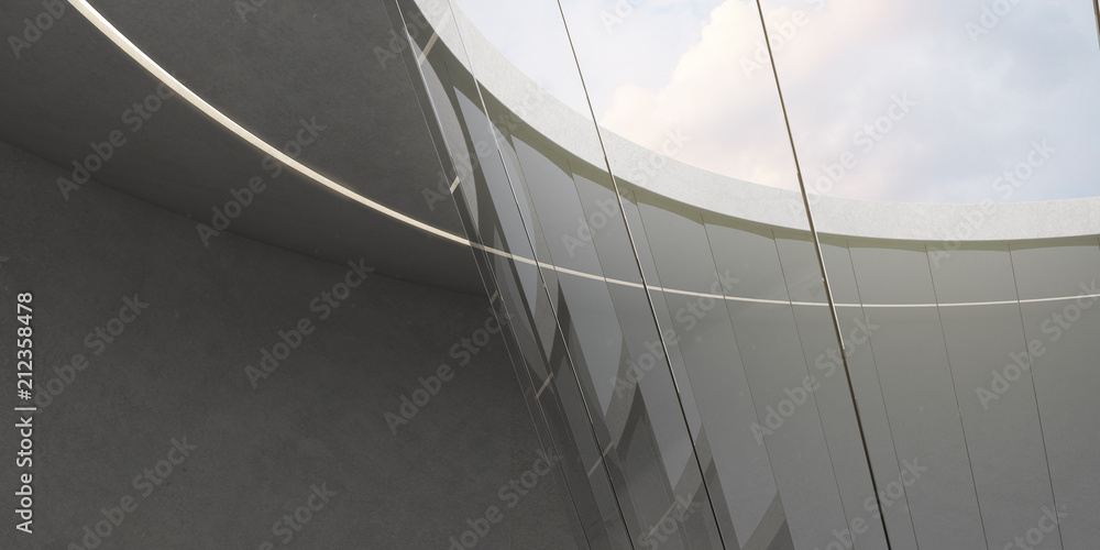 3D stimulate of circle concrete and glass building with sunlight cast ...