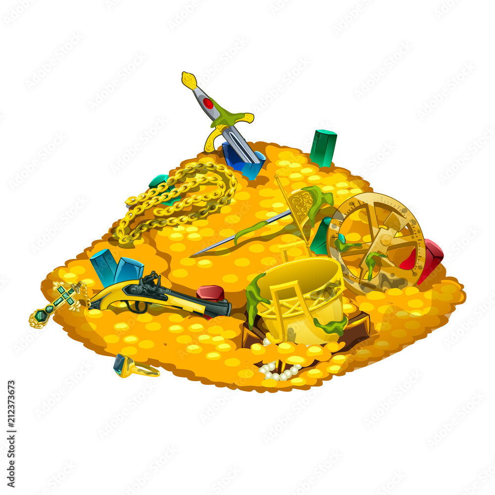 A bunch of vintage items and jewelry made of gold isolated on white ...