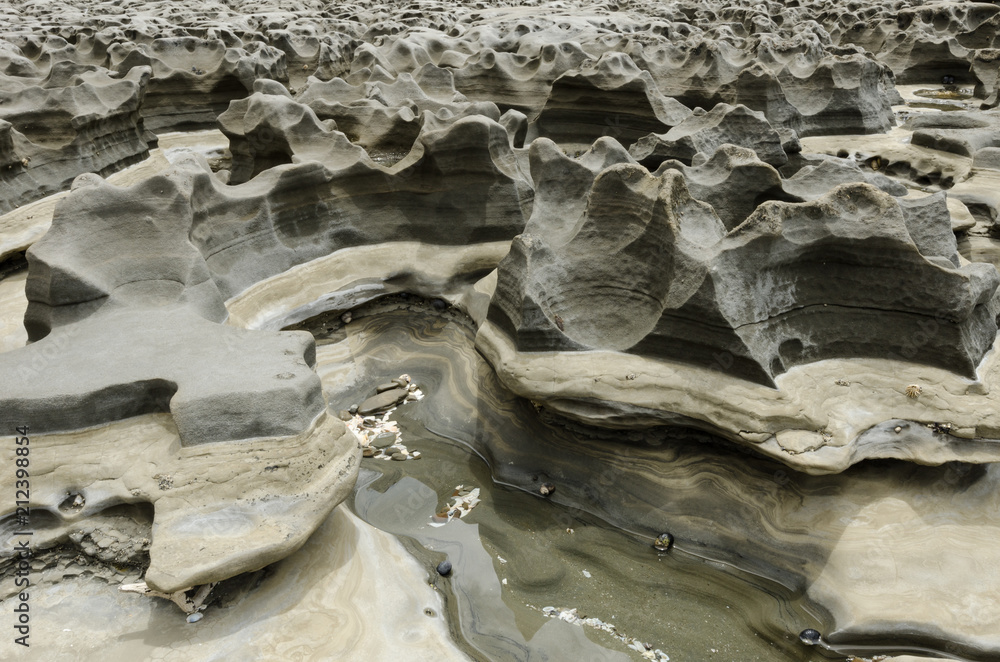 Eroded, rocky foreshore resulting in fantastic shapes and channels ...