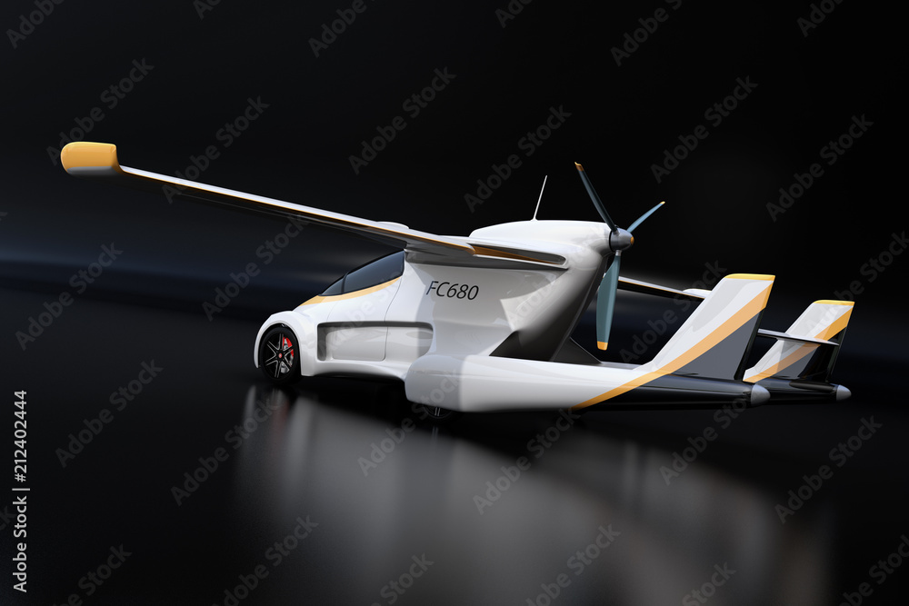 Rear view of futuristic autonomous car on black background.Flying car ...