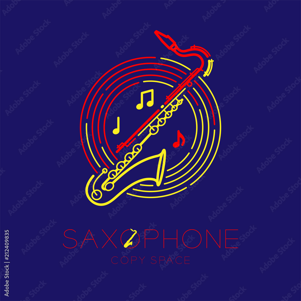 Saxophone, music note with line staff circle shape logo icon outline ...