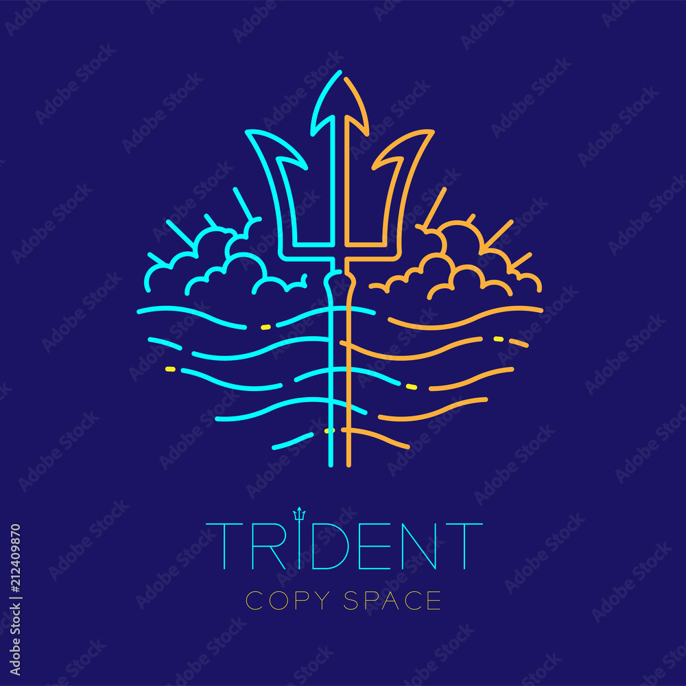 Trident, wave and cloud, logo icon outline stroke set dash line design ...