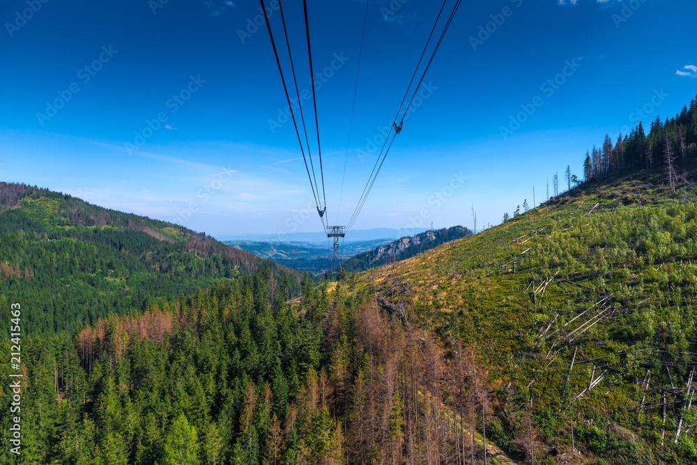 Green hills and funicular cable on a sunny summer day, Poland Zakopane ...