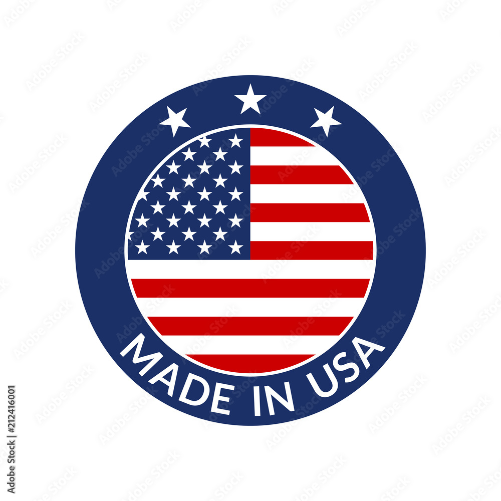 Made in USA label. Circle US icon with American flag. Vector ...