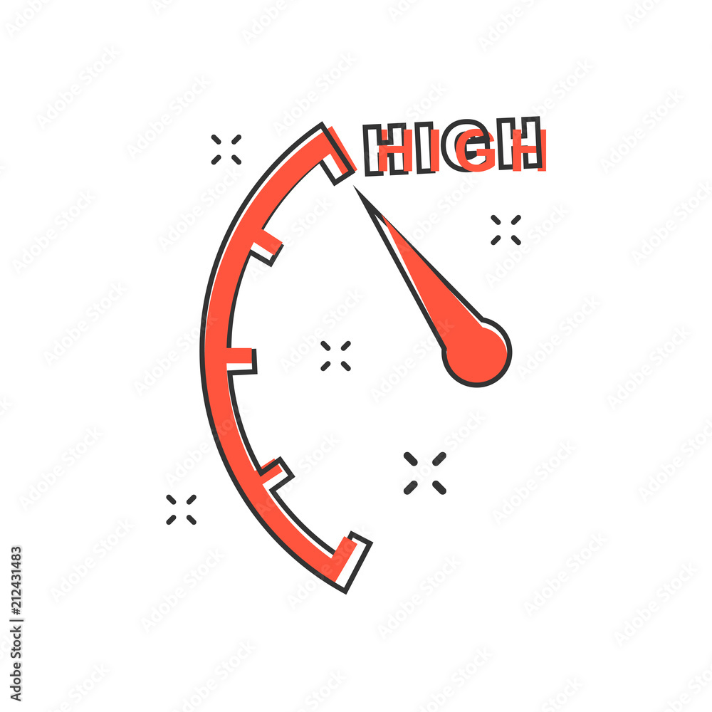 Cartoon high level icon in comic style. Speedometer, tachometer sign ...