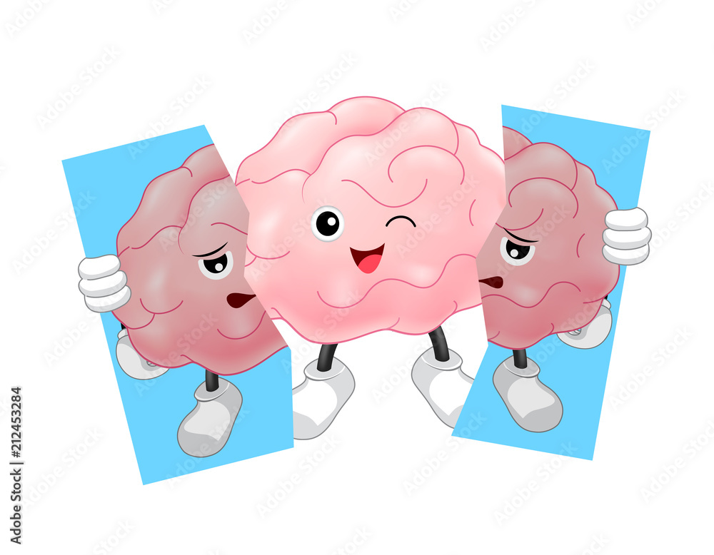Cute cartoon brain character holding tear of unhealthy brain ...
