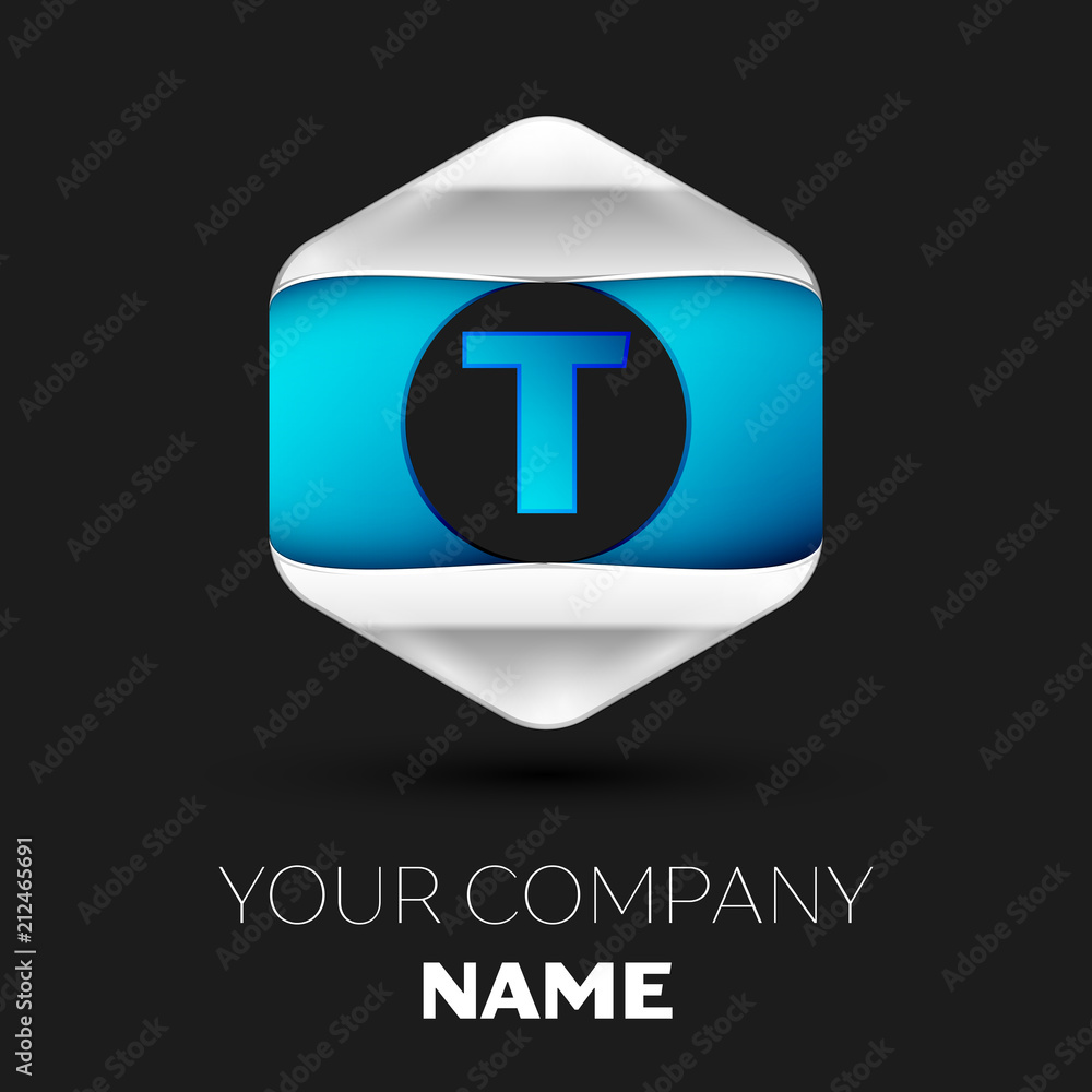 Realistic Blue Letter T logo symbol in the colorful silver-blue ...