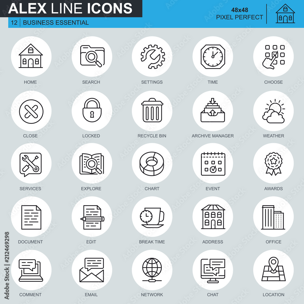Thin line business essential, communication and office icons set for ...