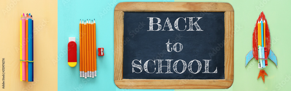 Back to school collage concept. school objects and supply with ...