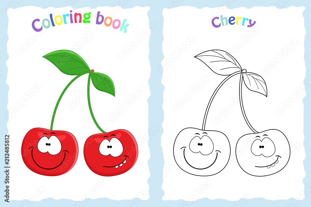 Coloring book page for children with colorful cherry and sketc Stock ...
