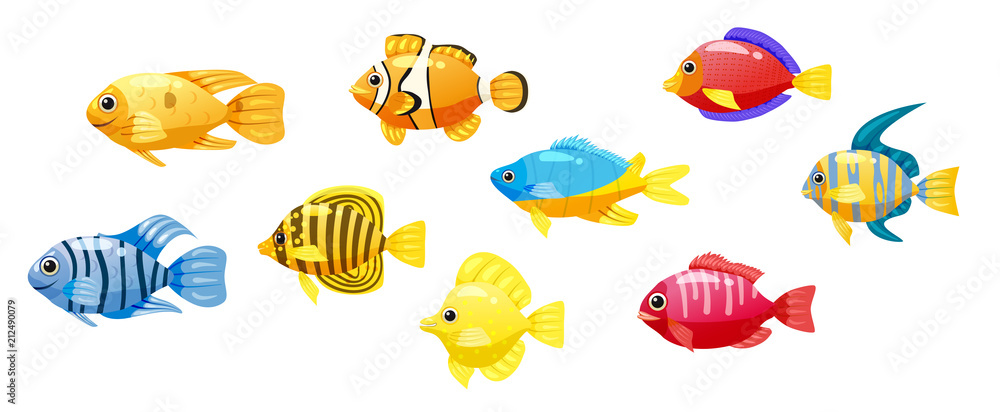 Set cartoon Funny fish vector characters. Colorful coral reef tropical ...