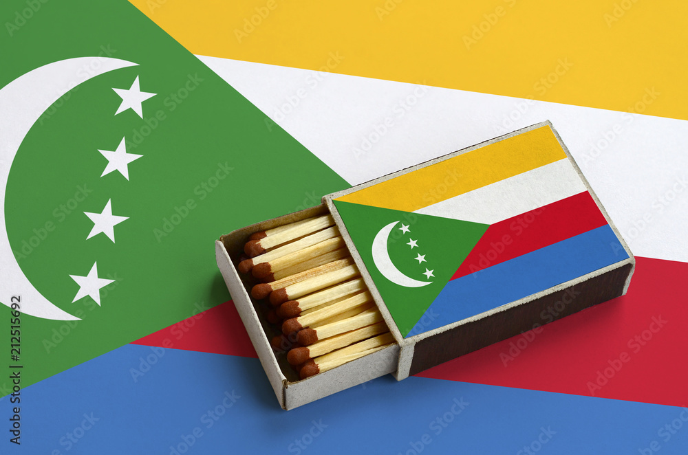Comoros flag is shown in an open matchbox, which is filled with matches ...