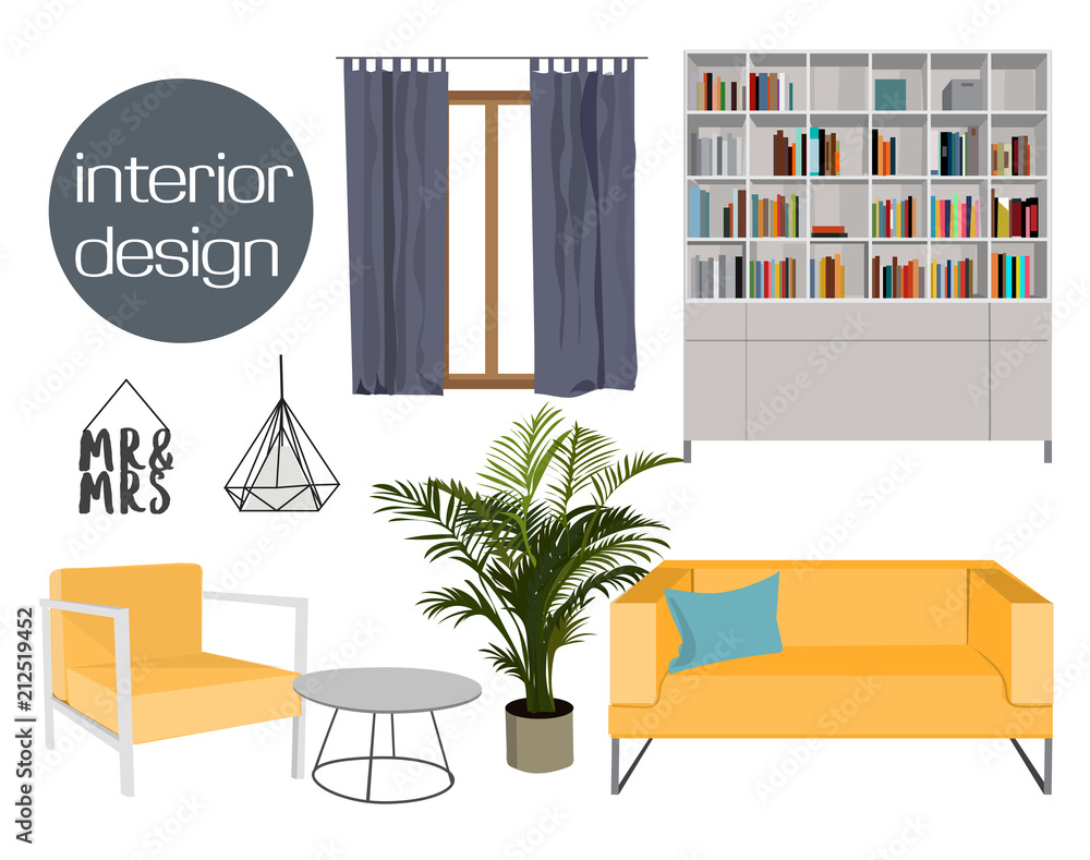 vector interior design elements collection set. living room home ...