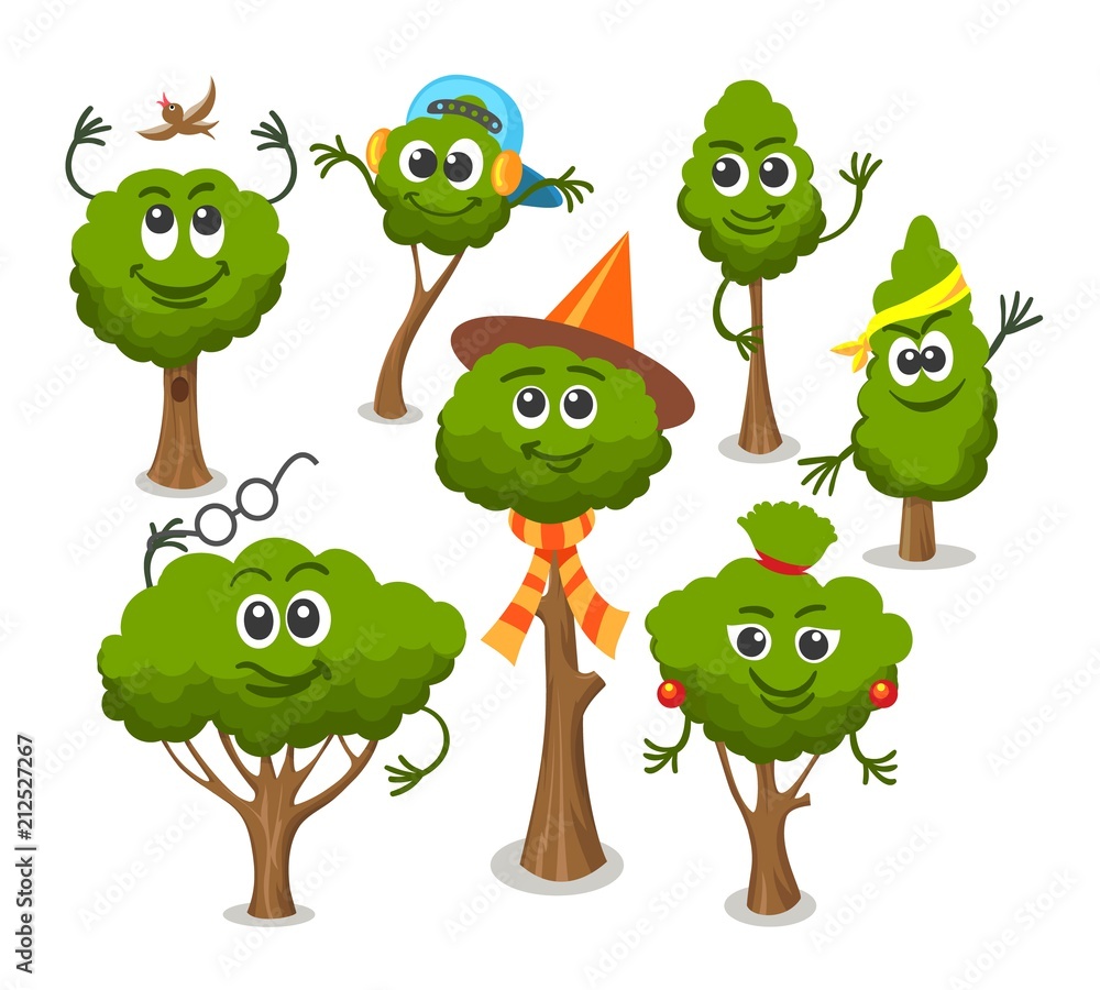 Cute trees with faces. Funny smiling tree and bush set isolated on ...
