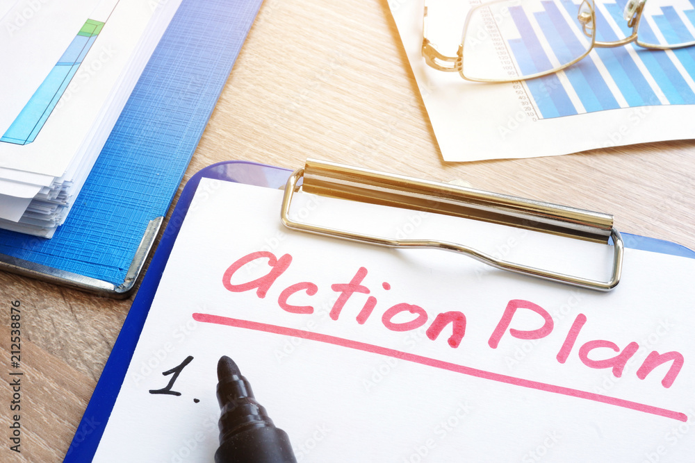 Action plan with clipboard and pen. Strategy planning. Stock Photo ...