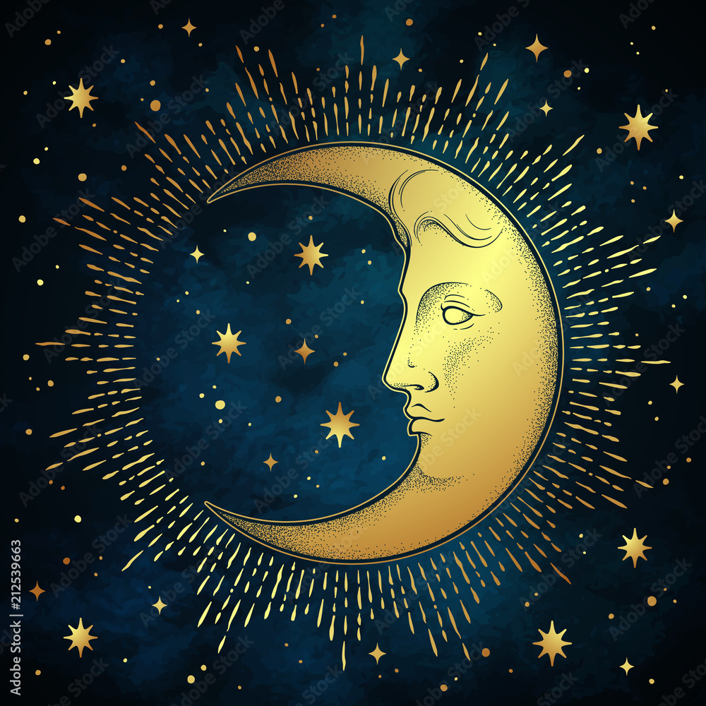 Crescent moon and stars in antique style hand drawn line art and ...