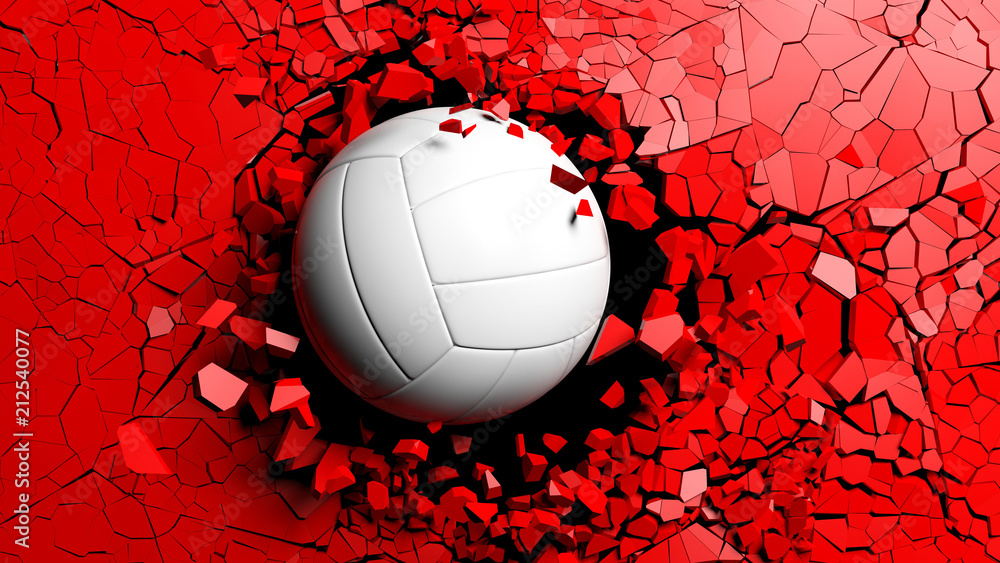 Volleyball ball breaking forcibly through a red wall. 3d illustration ...