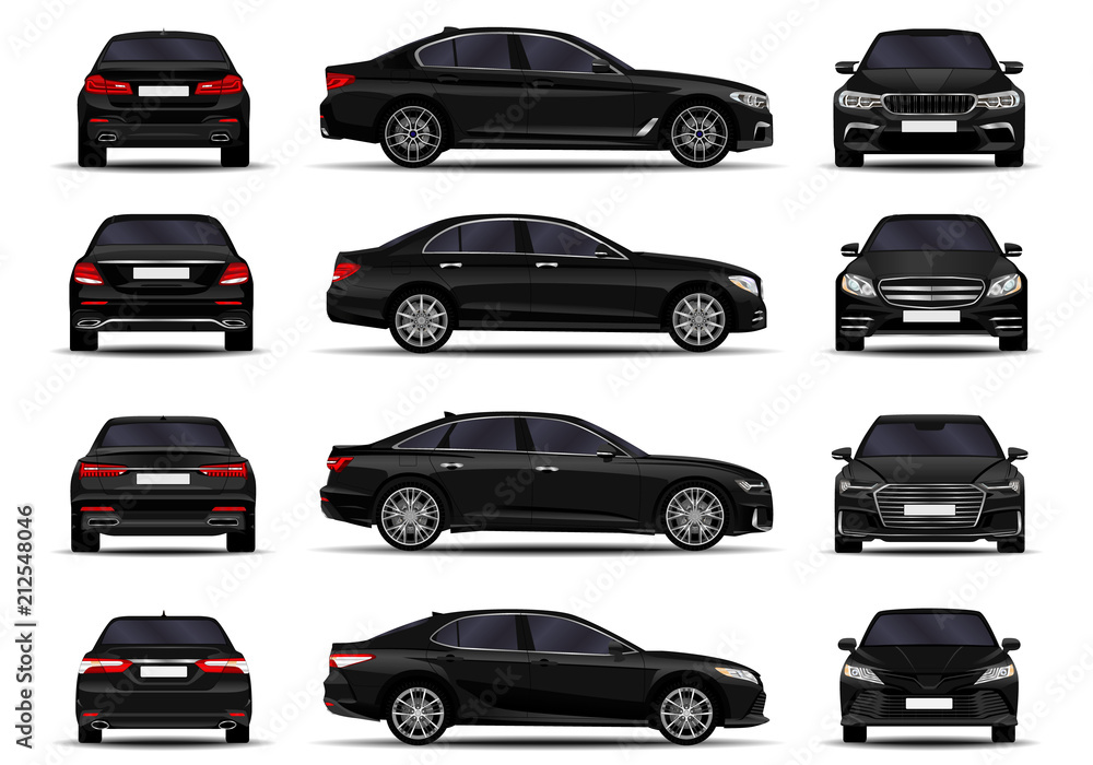 realistic cars set. sedan. front view; side view; back view. Stock ...
