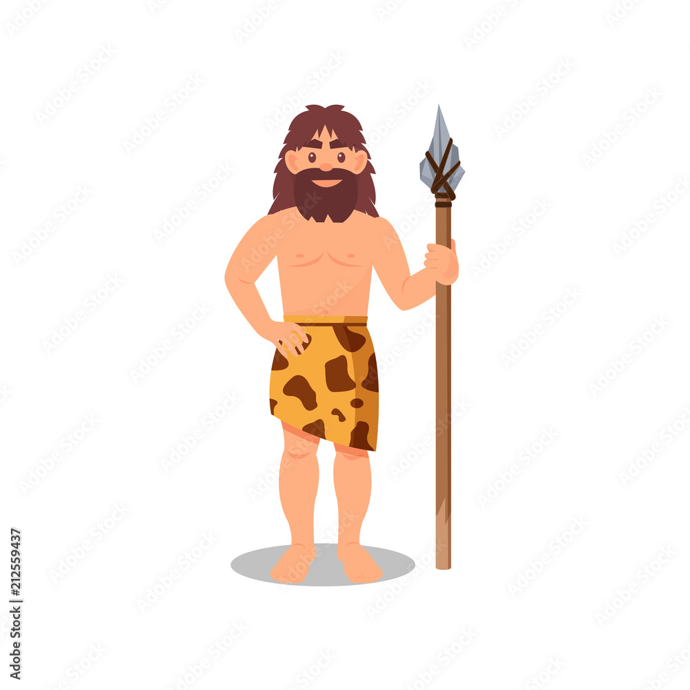 Prehistoric caveman in animal skin holding spear, Stone Age character ...